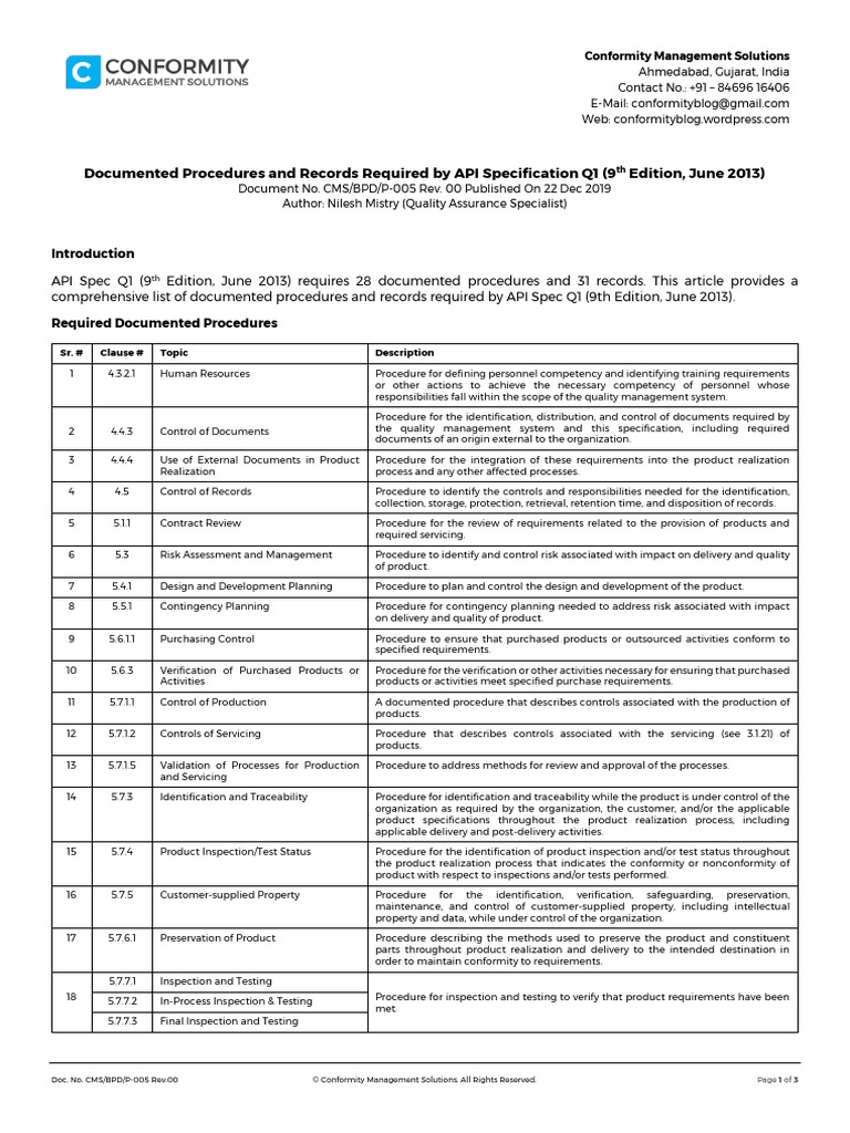 Documented Procedures and Records Required by API Specification Q1 (9 ...