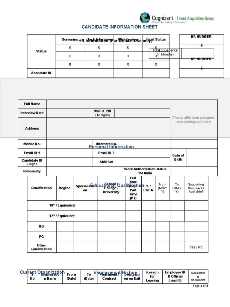 Candidate Information Sheet: HR Information (For Official Use Only ...