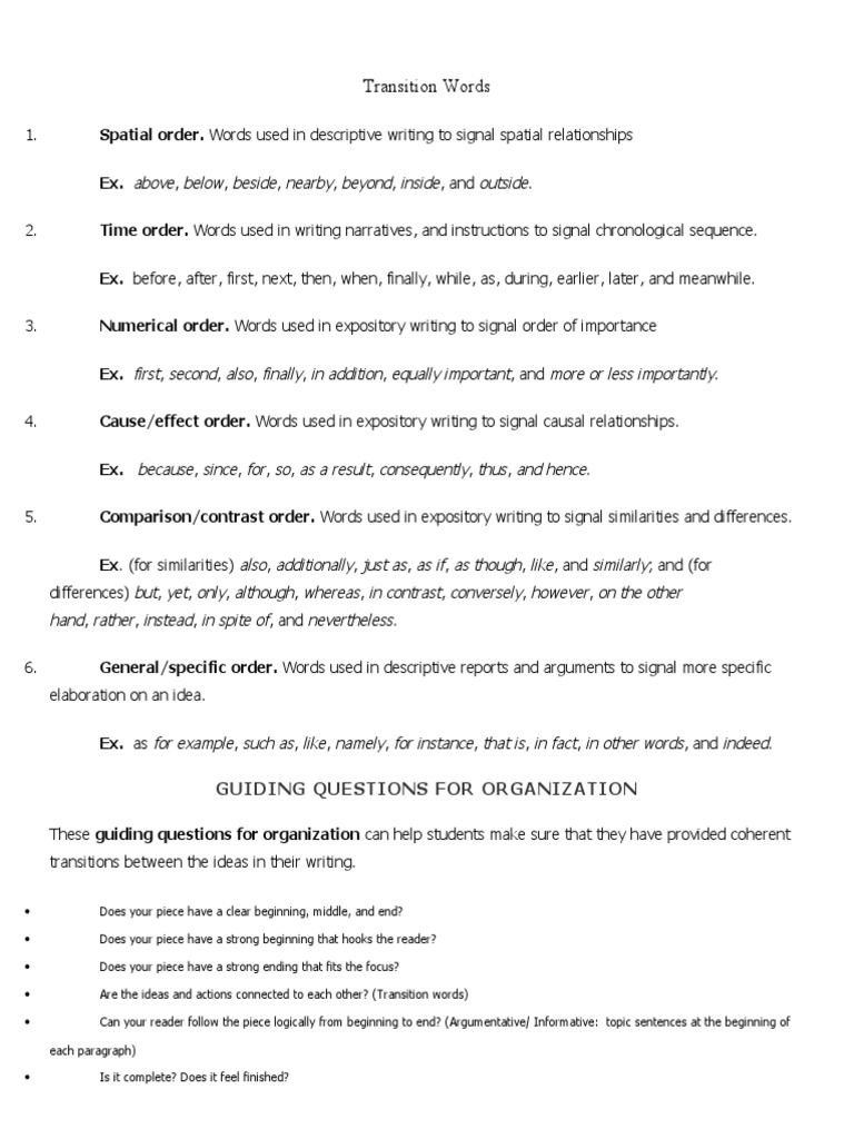 Transition Words: Guiding Questions For Organization | PDF