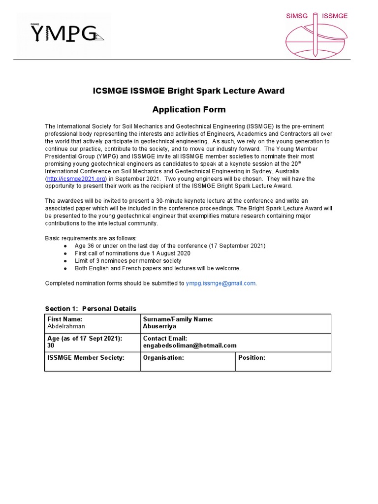 ICSMGE ISSMGE Bright Spark Lecture Award Application Form: Section 1 ...