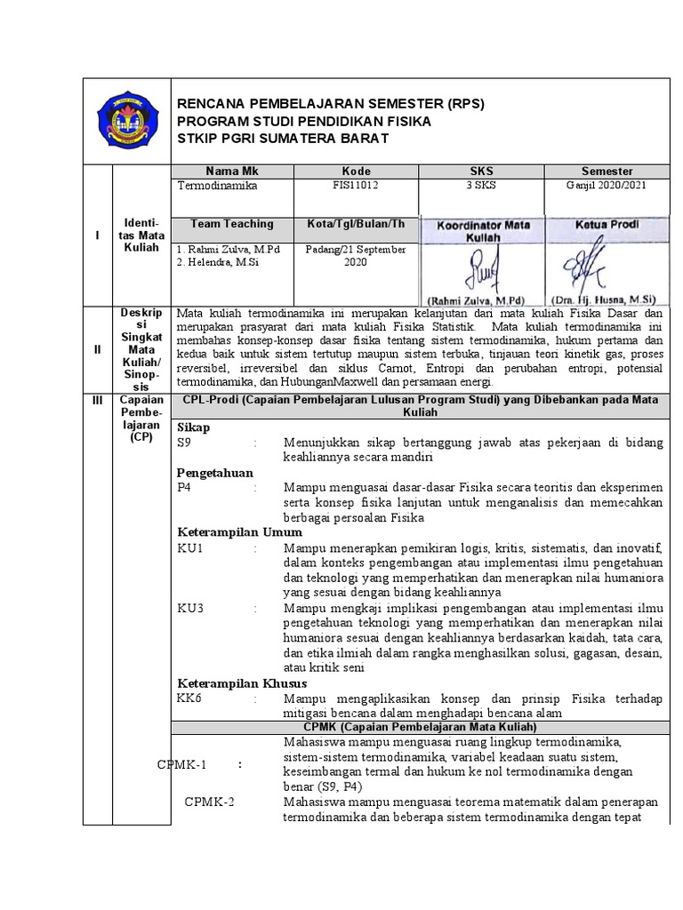 RPS Termodinamika Fisika STKIP | PDF