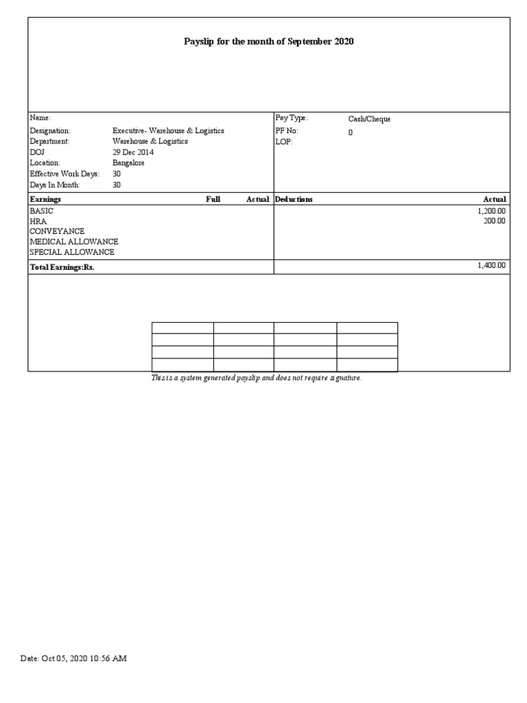 Payslip For The Month of September 2020: Earnings Full Actual ...