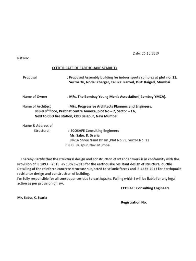 Earthquake Stability Certificate for YMCA | PDF