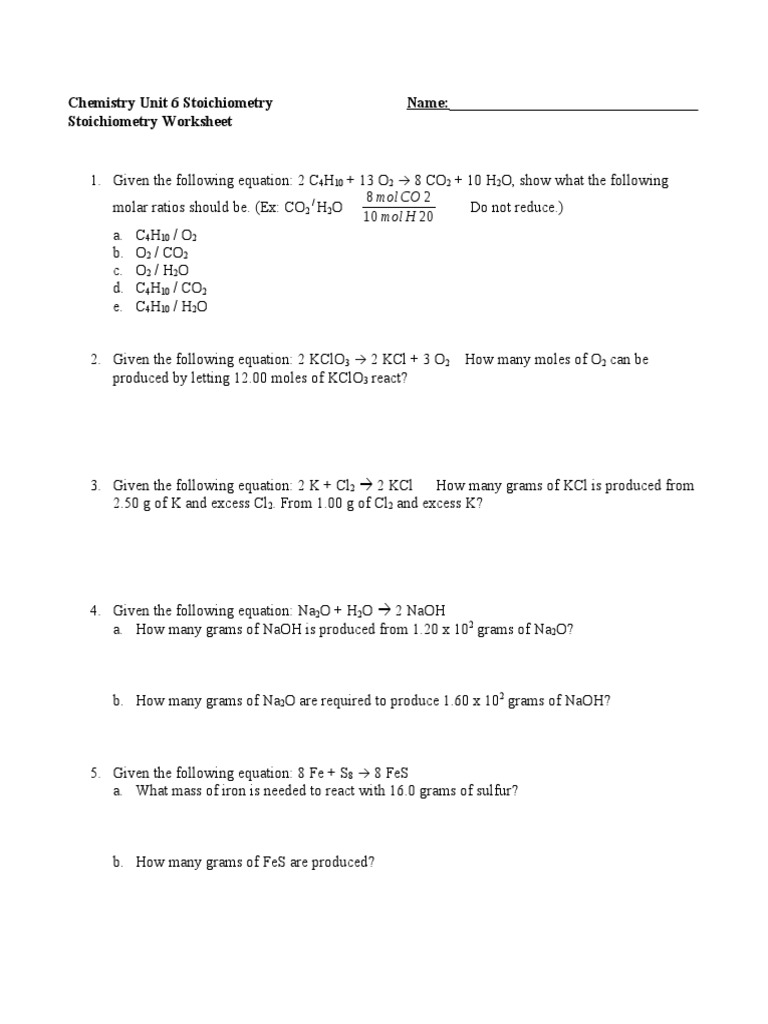 CH U6 A4 Stoichiometry Worksheet | PDF | Iron | Stoichiometry
