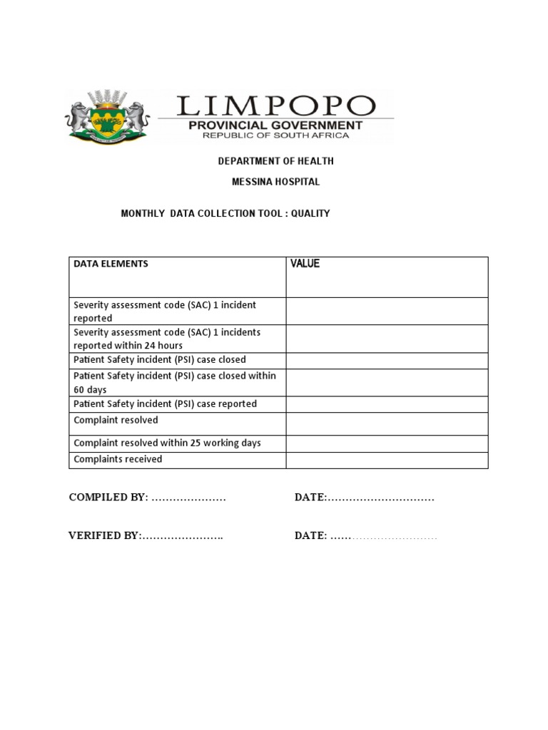 Data Elements: Monthly Data Collection Tool: Quality | PDF