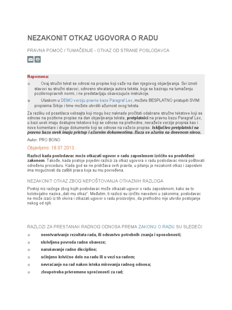 Nezakonit Otkaz Ugovora o Radu | PDF