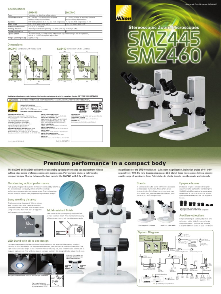 Specifications: Stereoscopic Zoom Microscope SMZ445/460 | PDF | Zoom Lens | Optical Devices