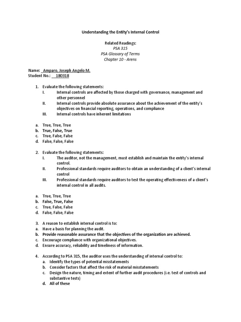 Understanding The Entity's Internal Control: PSA 315 PSA Glossary of Terms Chapter 10 - Arens ...