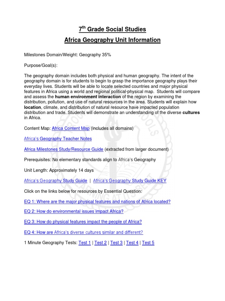 7 Grade Social Studies Africa Geography Unit Information | PDF ...