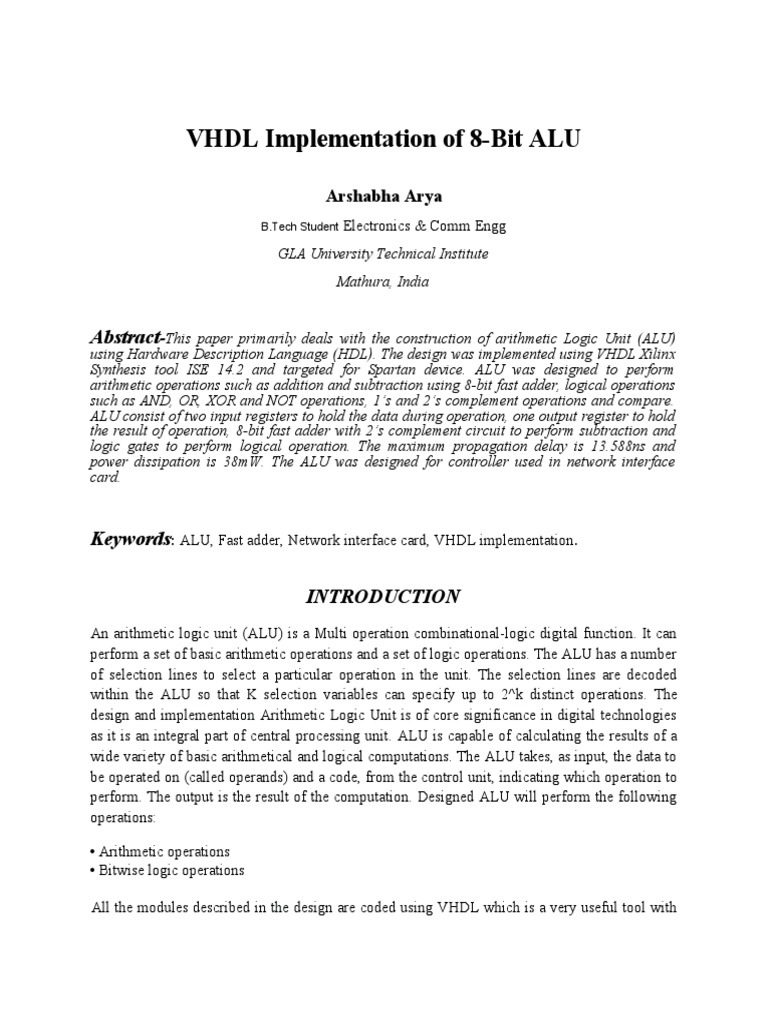 VHDL Implementation of 8-Bit ALU: Arshabha Arya | PDF | Vhdl | Central Processing Unit