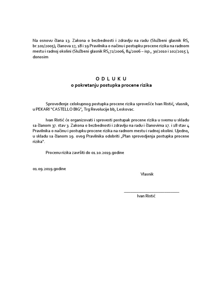 O D L U K U o Pokretanju Postupka Procene Rizika | PDF