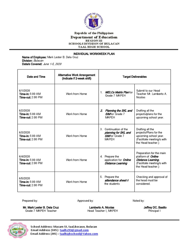 Individual Workweek Plan-JUNE 1-5, 2020 | PDF | Cognition | Communication