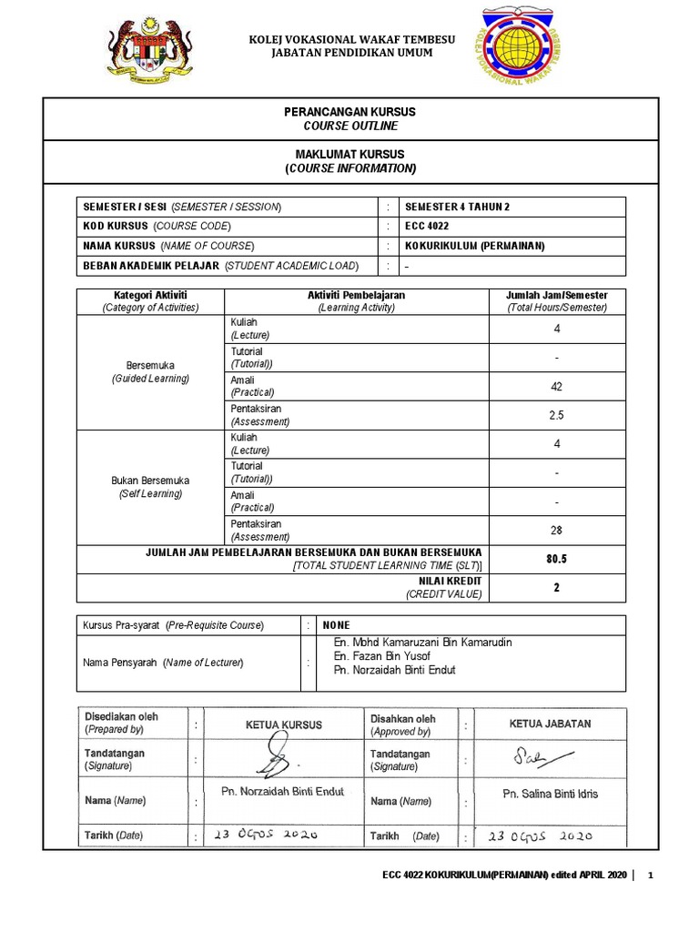 Course Outline Ecc 4022 Kokurikulum 2020 | PDF