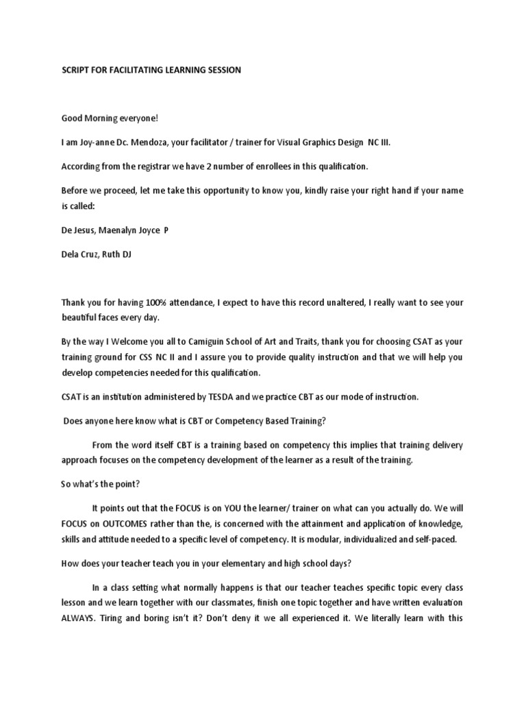 Script For Facilitating Learning Session | PDF | Educational Technology | Learning