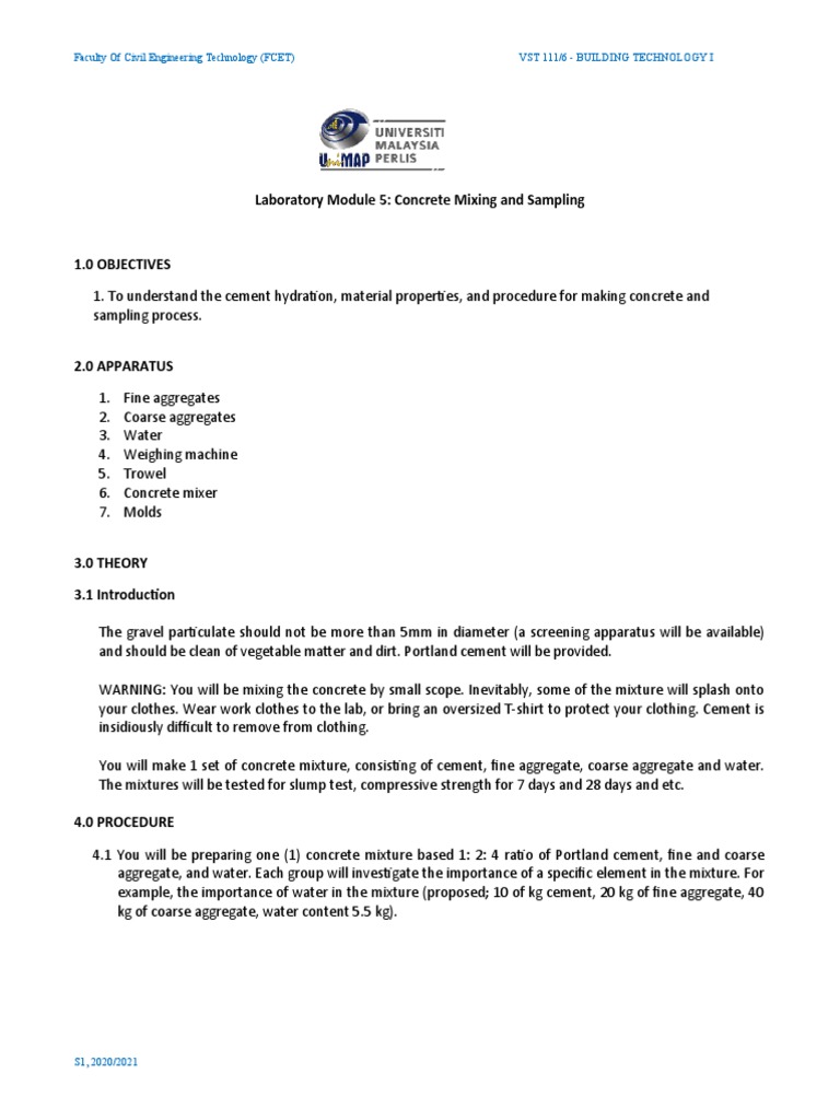 Lab 5 - Concrete Mixing, Sampling & Slump Test | PDF | Construction ...