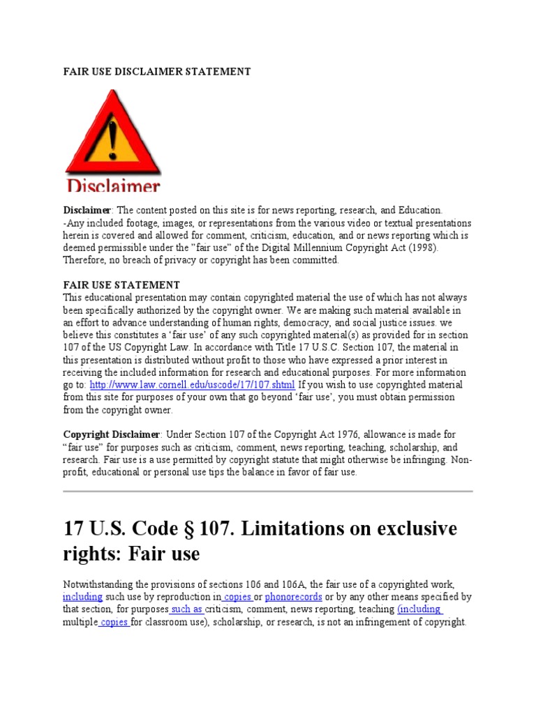Fair Use Disclaimer Statement | PDF | Fair Use | Presidents Of The ...