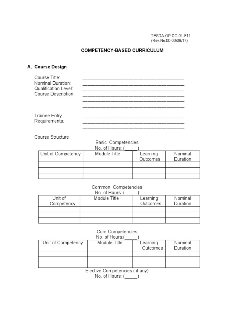 Competency-Based Curriculum: TESDA-OP CO-01-F11 (Rev - No.00-03/08/17 ...