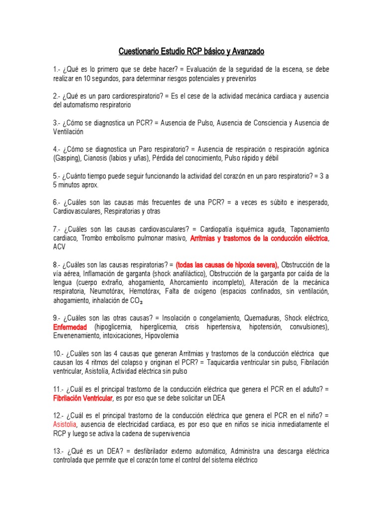 Cuestionario RCP Básico y Avanzado | PDF | Reanimación cardiopulmonar | Rtt