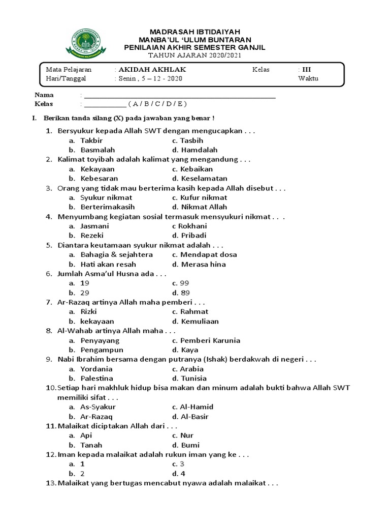 SOAL AKIDAH AKHLAK Kelas 1 | PDF