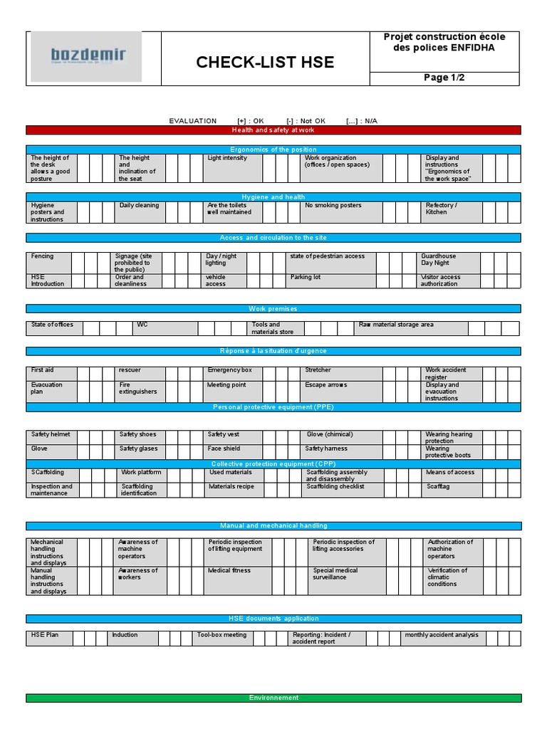 Check-List Hse: Evaluation (+) : Ok (-) : Not Ok ( ) : N/A | PDF ...