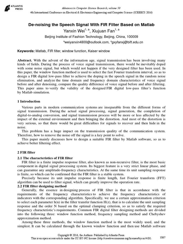 De-Noising The Speech Signal With FIR Filter Based On Matlab | PDF | Filter (Signal Processing ...