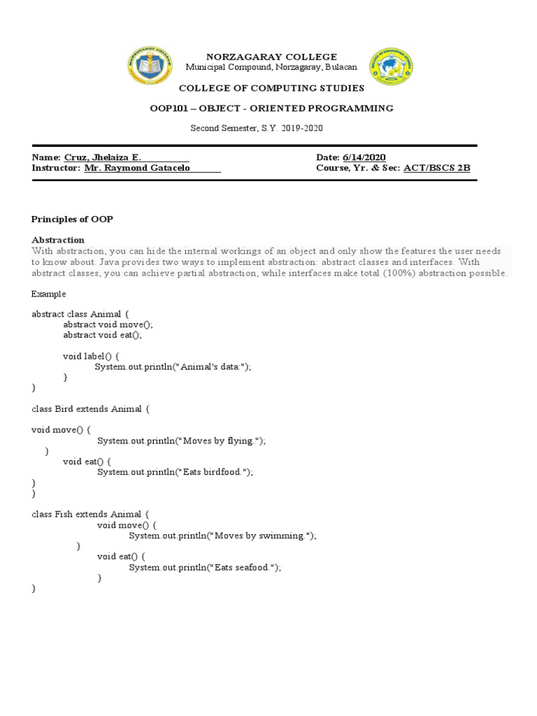 Norzagaray College: Abstraction | PDF | Abstraction (Computer Science) | Method (Computer ...