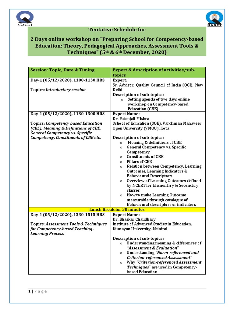 Tentative Schedule CBE Workshop | PDF | Rubric (Academic) | Lesson Plan