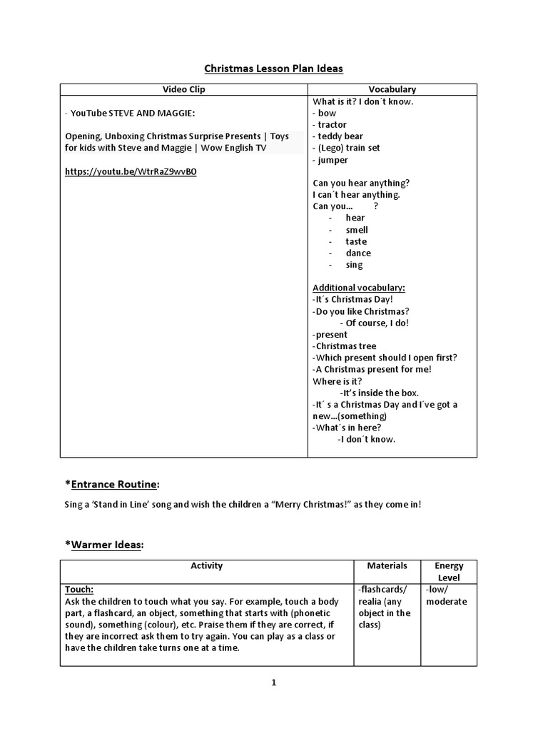 Christmas Lesson Plan Ideas: Video Clip Vocabulary | PDF | Vocabulary ...