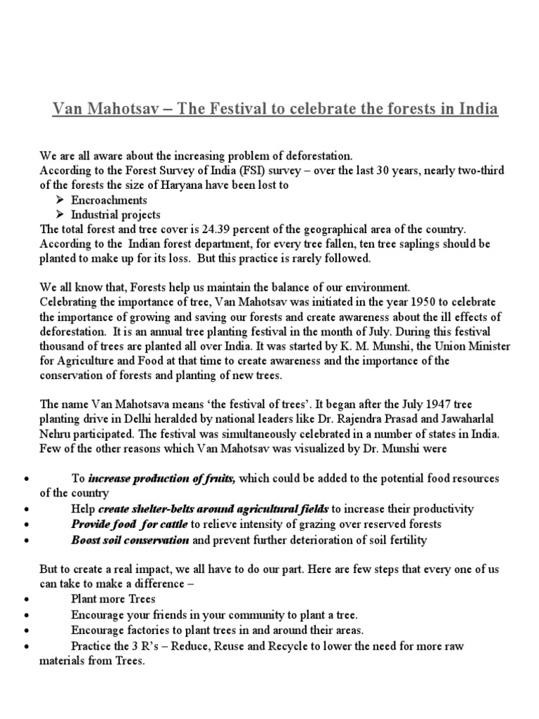 Van Mahotsav - The Festival To Celebrate The Forests in India | PDF