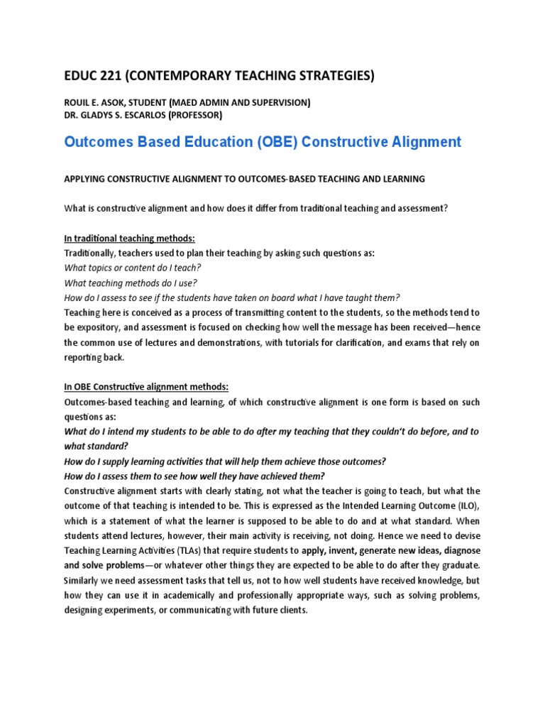 Outcomes Based Education (OBE) Constructive Alignment: Educ 221 ...