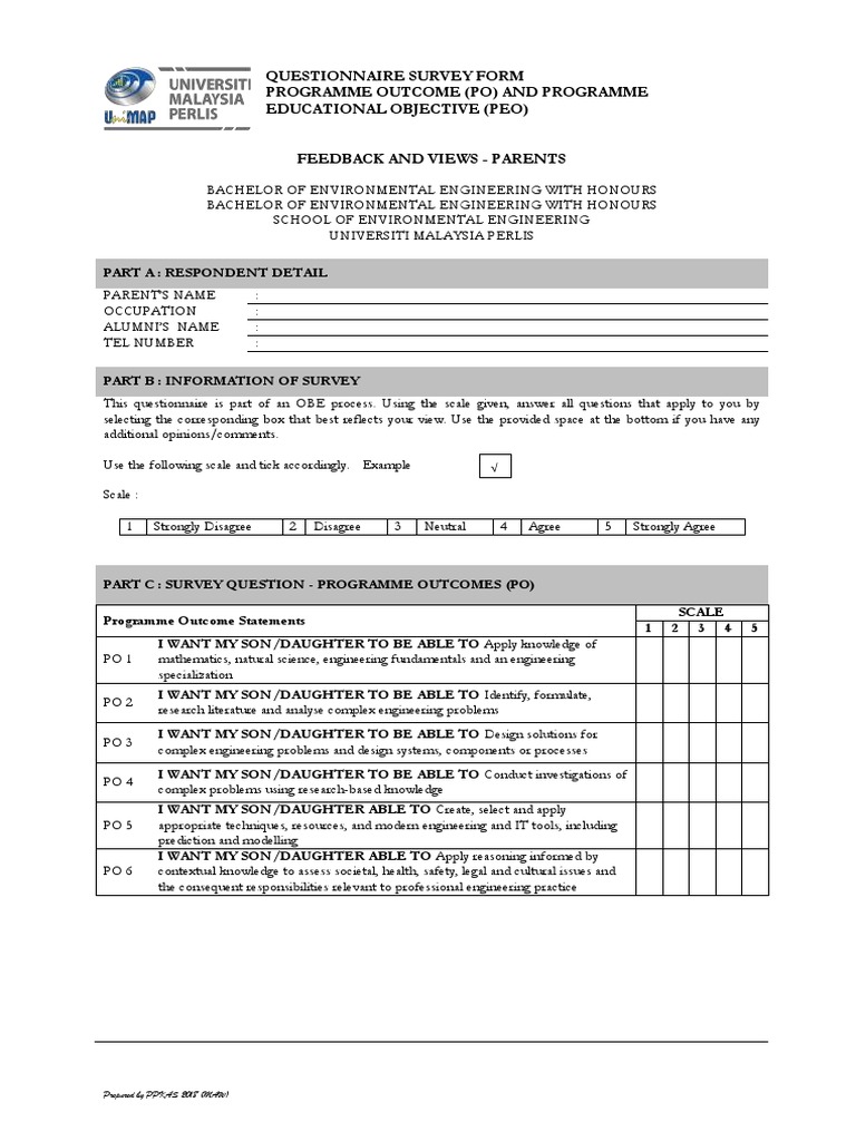 Questionnaire Survey Form Programme Outcome (Po) and Programme ...