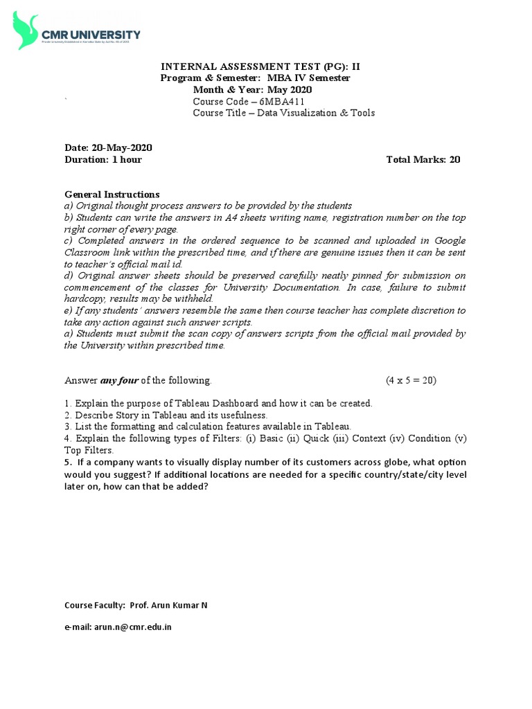 Internal Assessment Test (PG) : Ii Program & Semester: MBA IV Semester ...