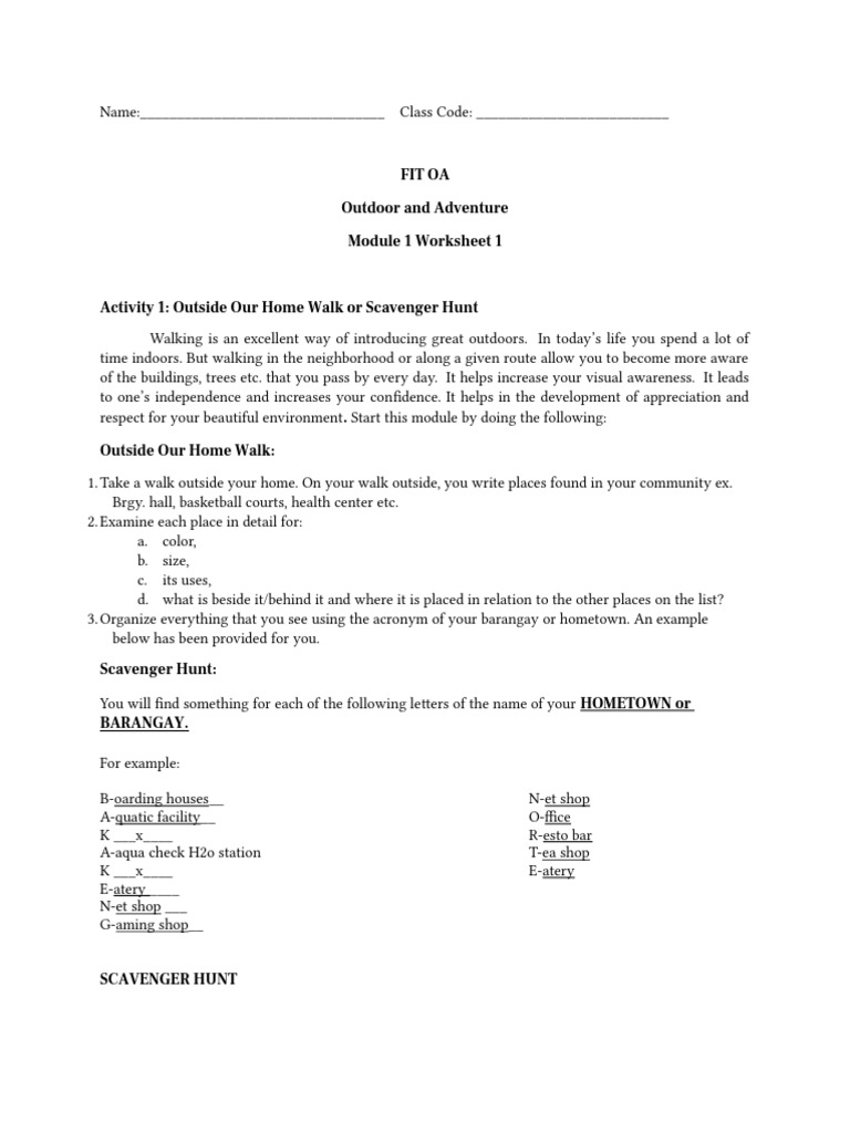 Fit Oa Outdoor and Adventure Module 1 Worksheet 1 | PDF