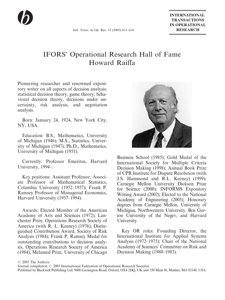 IFORS' Operational Research Hall of Fame Howard Raiffa: Intl. Trans. in ...