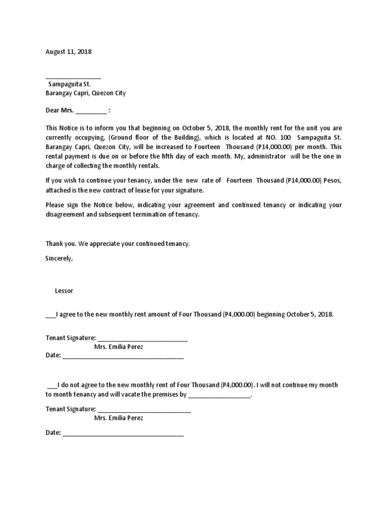 Sample Notice of Increase of Rental | PDF