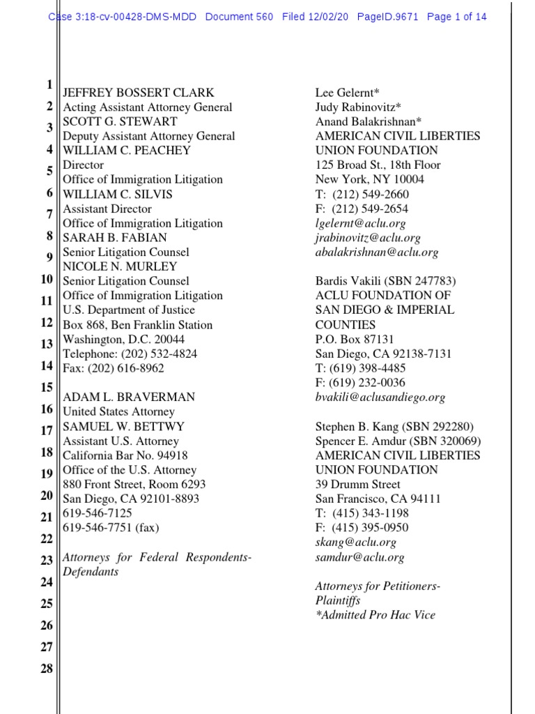 December 2020 Joint Status Report Ms L V ICE | PDF | Government | Justice