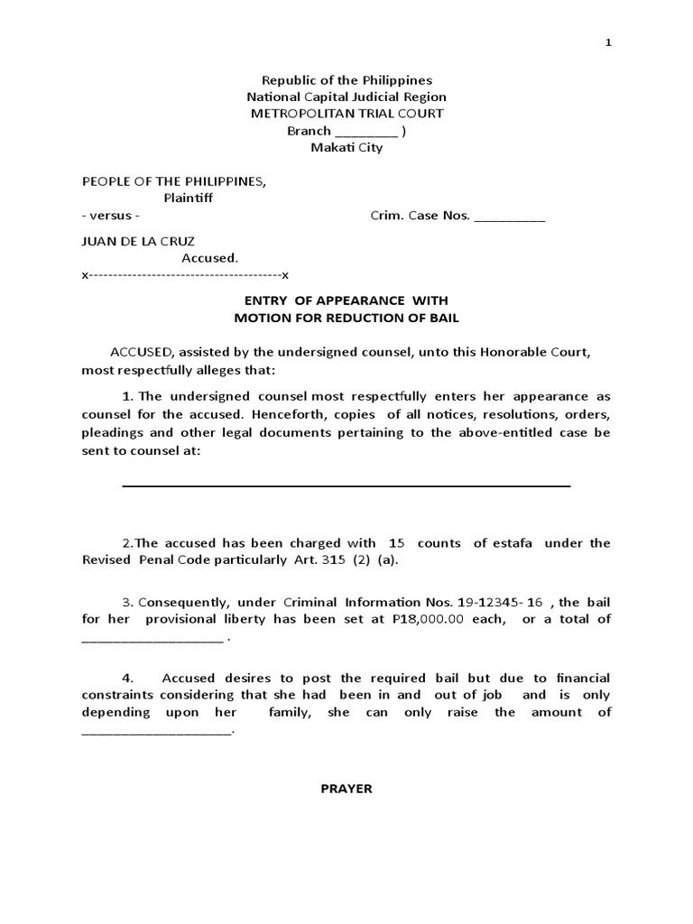 Sample MOTION FOR REDUCTION OF BAIL | PDF | Bail | Prosecutor