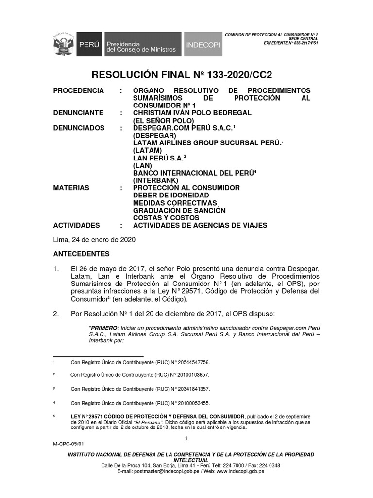 Resolución Final #133-2020/CC2 | PDF | Protección al Consumidor | Lima