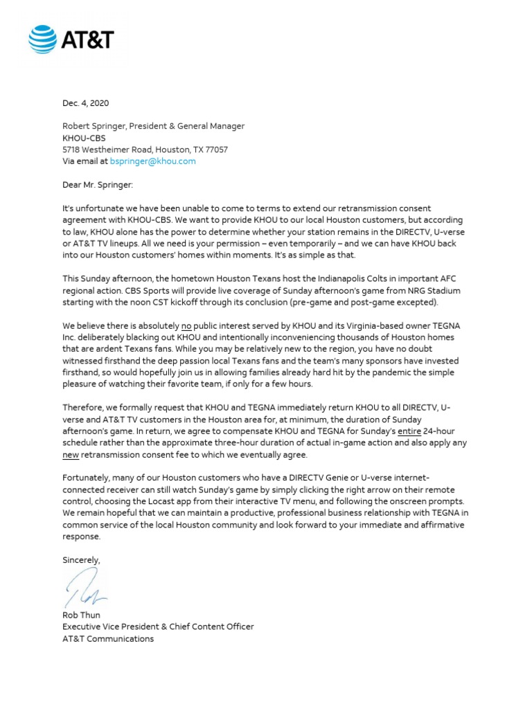 KHOU-CBS Retransmission Request Letter | PDF | National Football League ...