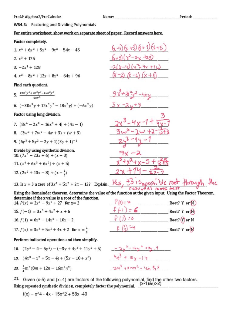 WS4.3 Factoring and Dividing Polynomials | PDF | Factorization ...