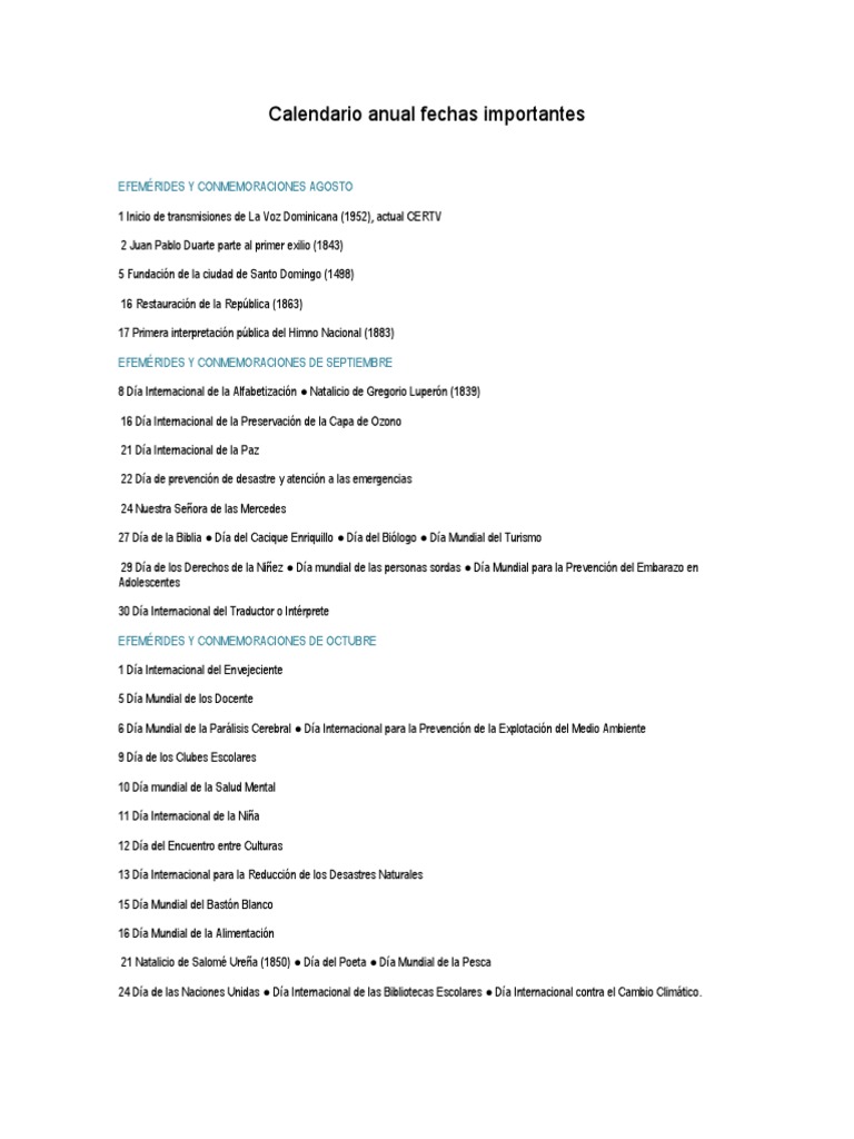 Efemérides y Fechas Clave RD | PDF | República Dominicana | Salud y ...