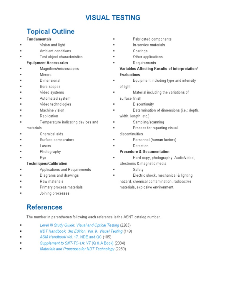 Visual Testing Topical Outline: Fundamentals | PDF | Nondestructive ...