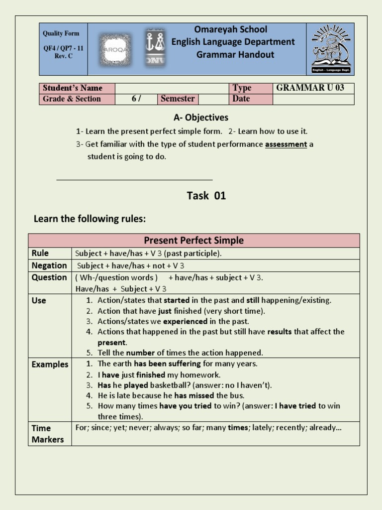 GR (6) U 03 GRAMMAR HANDOUT - Present | PDF