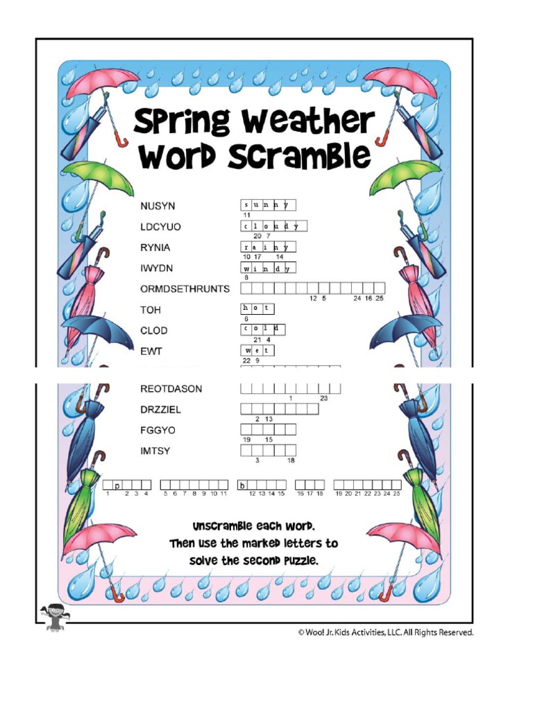Spring Weather Word Scramble Puzzle - Woo! Jr. Kids Activities | PDF