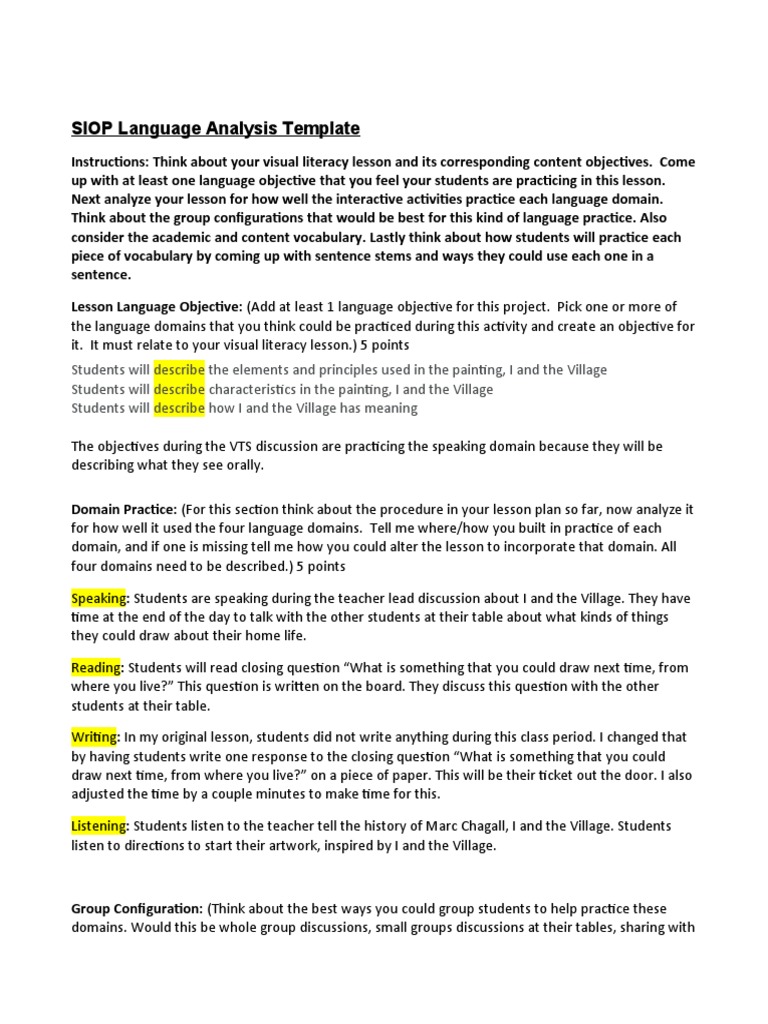 Siop Language Analysis Template Fall 2020 | Download Free PDF ...