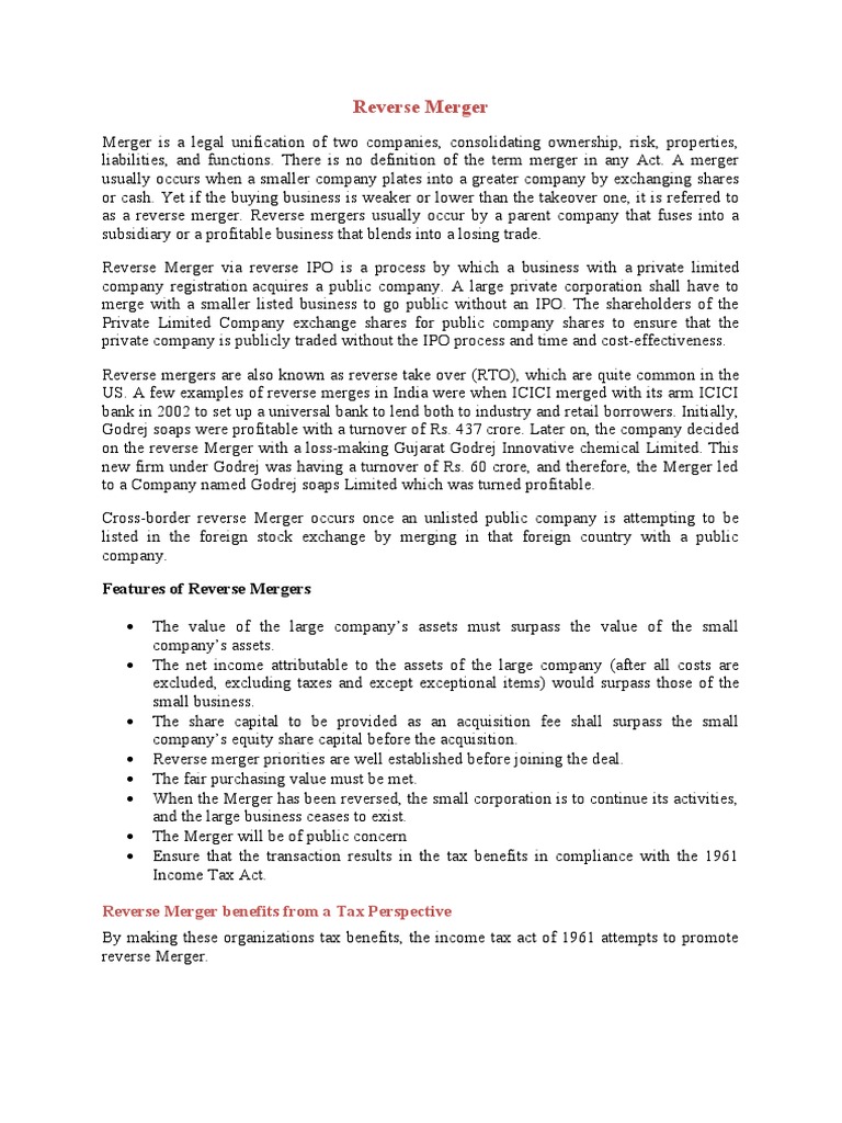 Reverse Merger: Features of Reverse Mergers | PDF | Mergers And ...