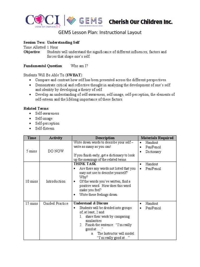 GEMS Lesson Plan: Instructional Layout: Session Two: Understanding Self ...