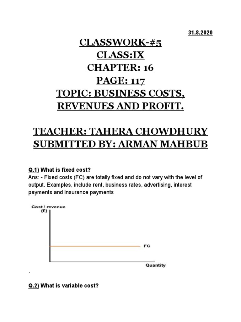 Classwork-#5 Class:Ix Topic: Business Costs, Revenues and Profit ...