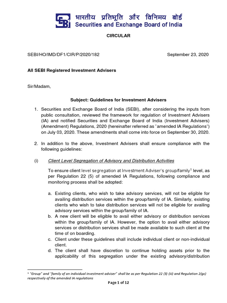 SEBI Circular On Guidelines For Investment Advisers | PDF | Financial ...