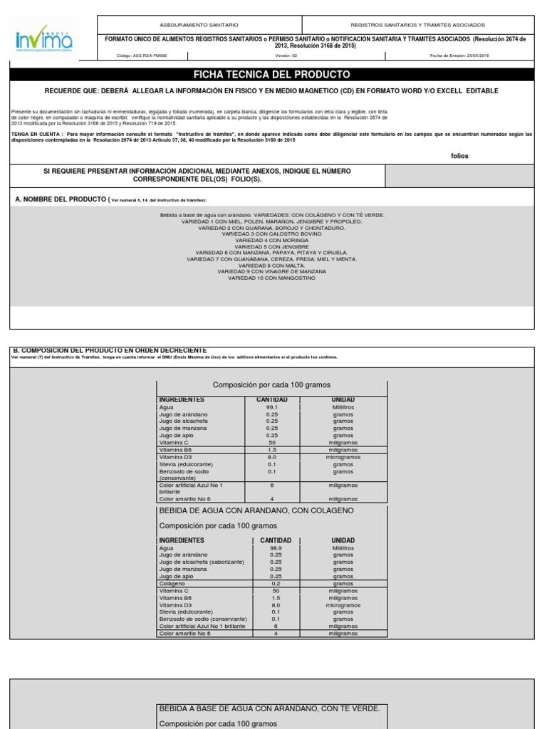 Ficha Tecnica Formato Invima PDF | PDF | Comida y bebida | Nutrición